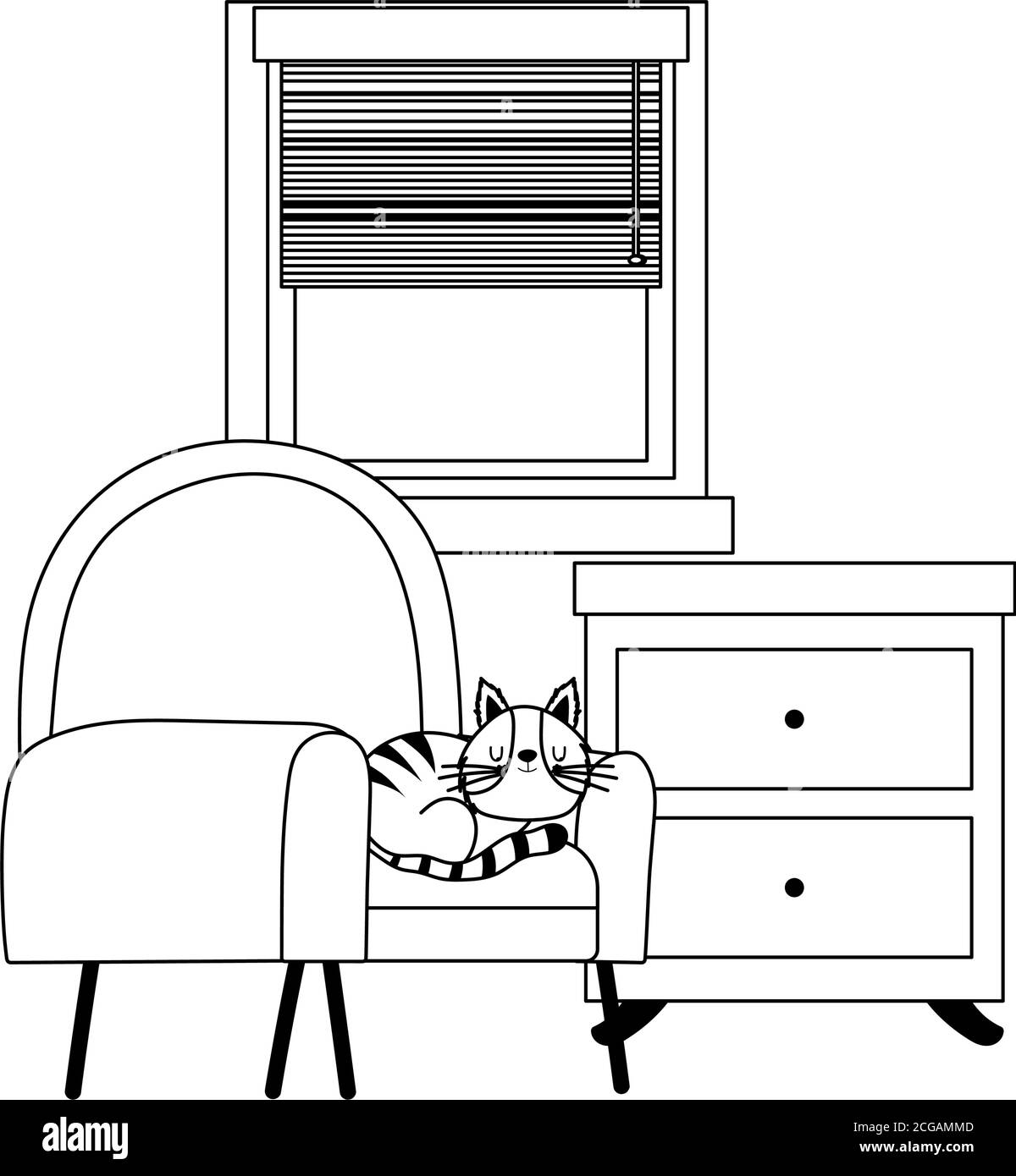 cat resting on chair table and window isolated icon line style vector ...