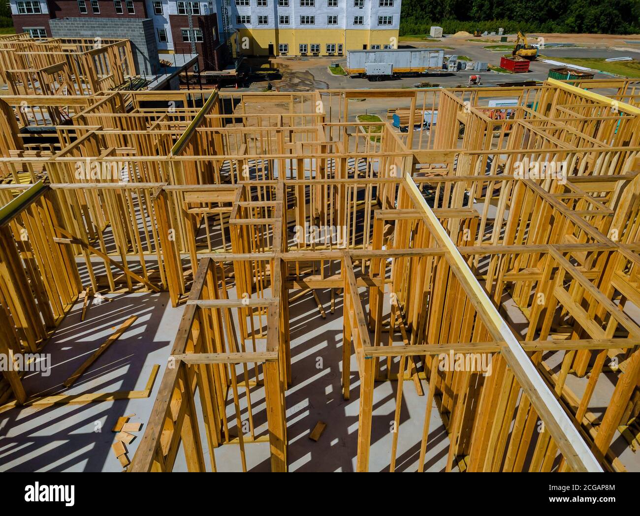 Beam stick built frame of a new house under construction of the wooden ...