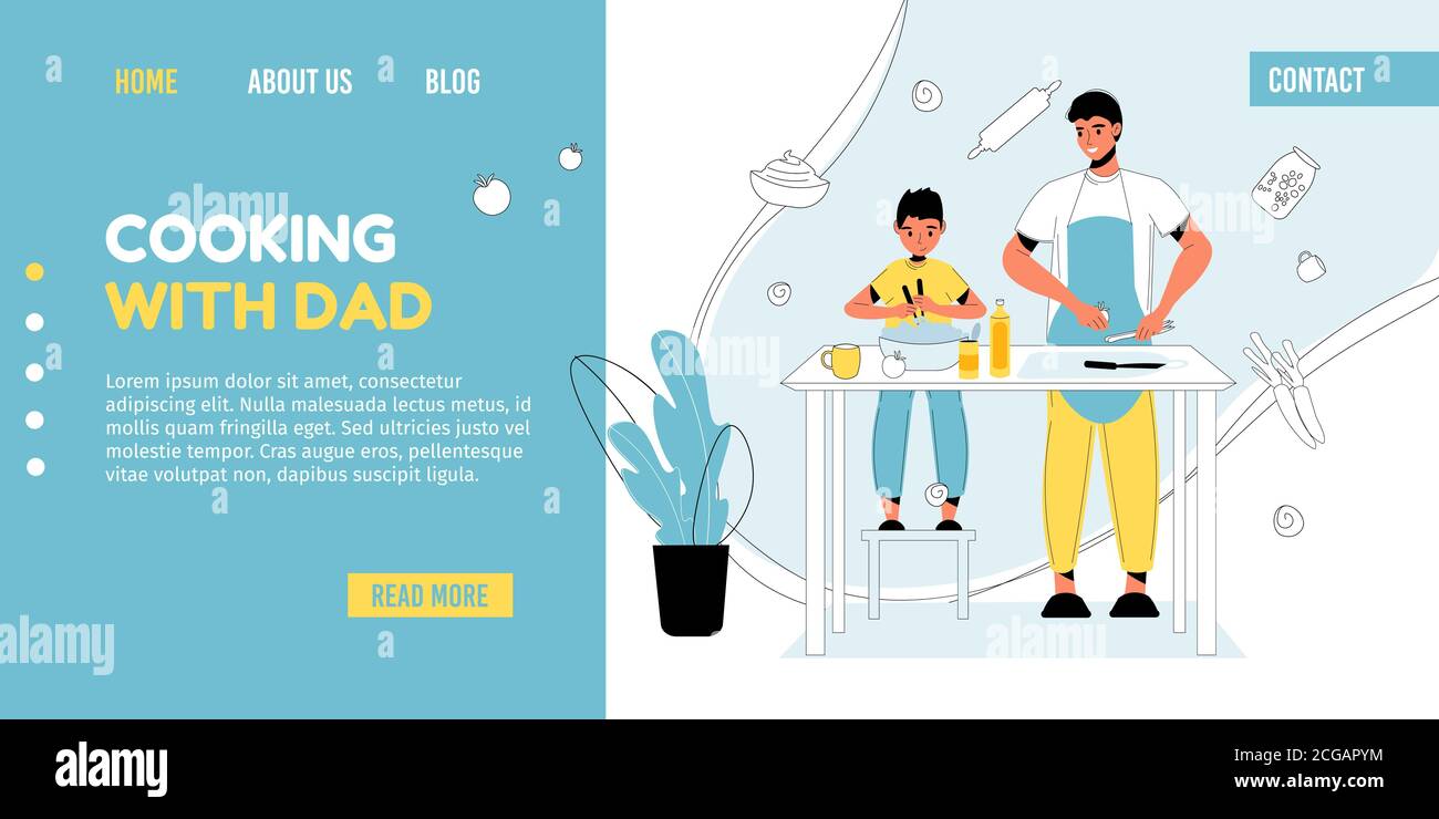 Dad son cooking together at kitchen landing page Stock Vector Image ...