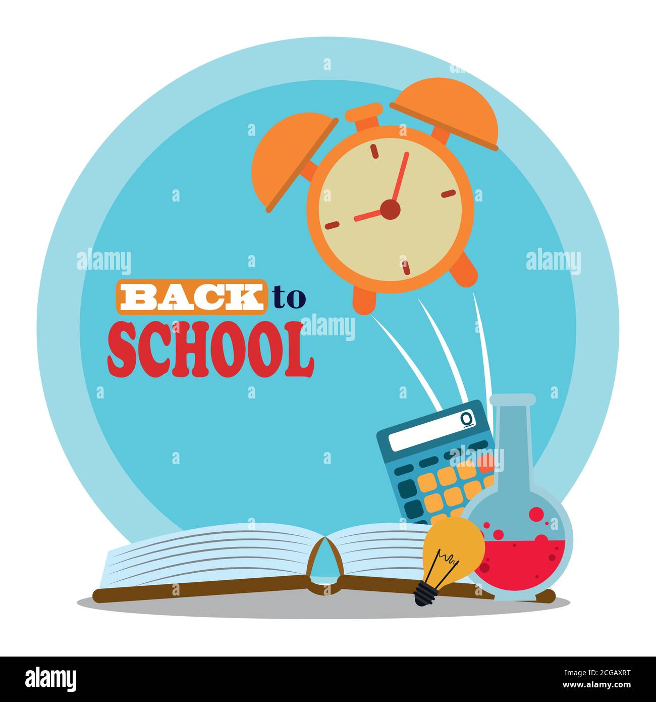 back to school, calculator book clock and laboratory flask elementary ...