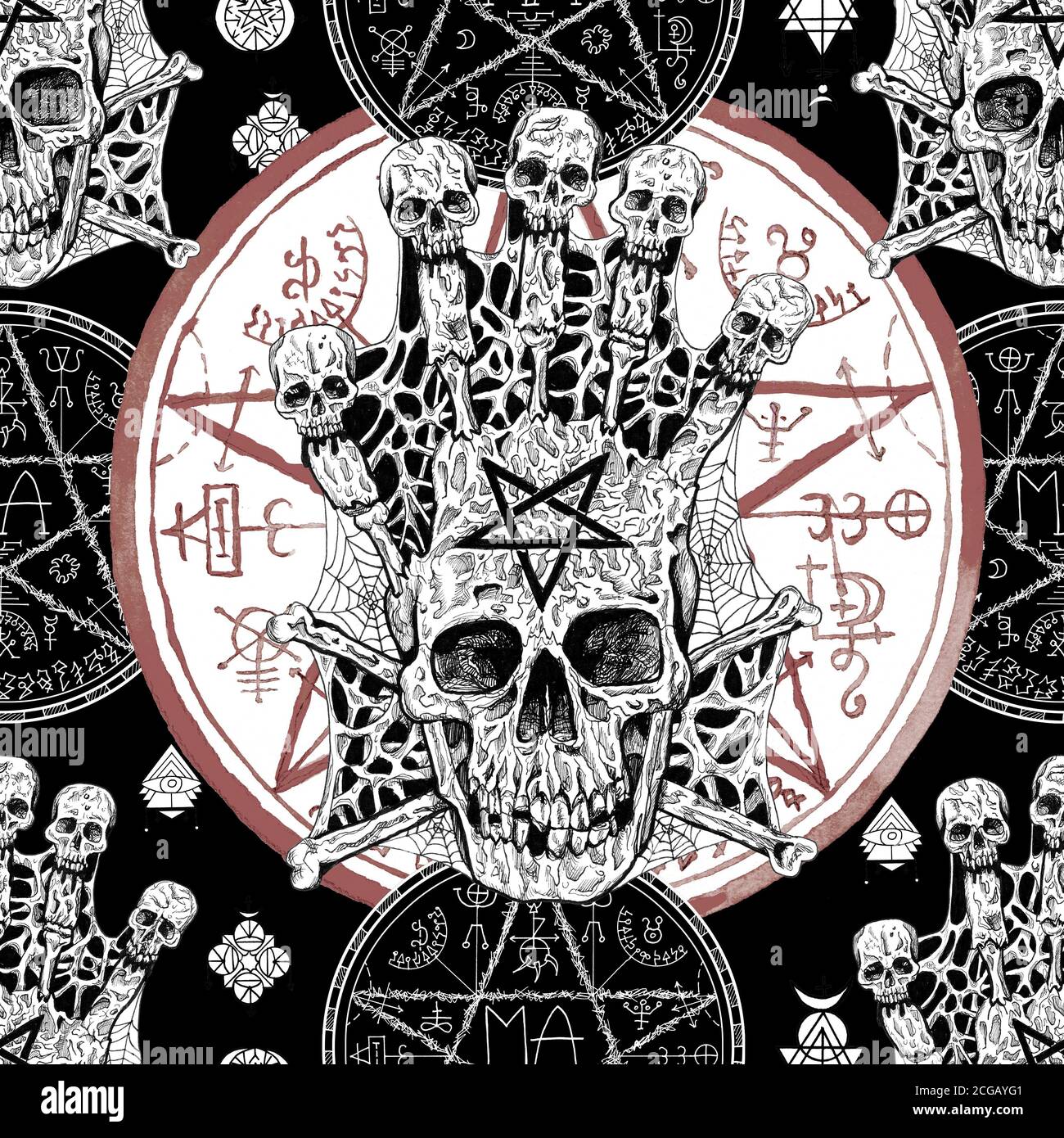 Seamless pattern with evil skull and magic seal with pentagram on black ...