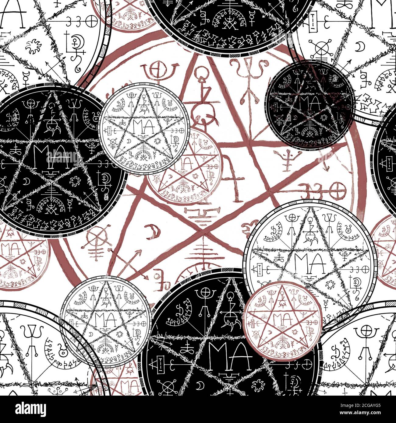 Seamless pattern with black and red magic seals with pentagram on white ...