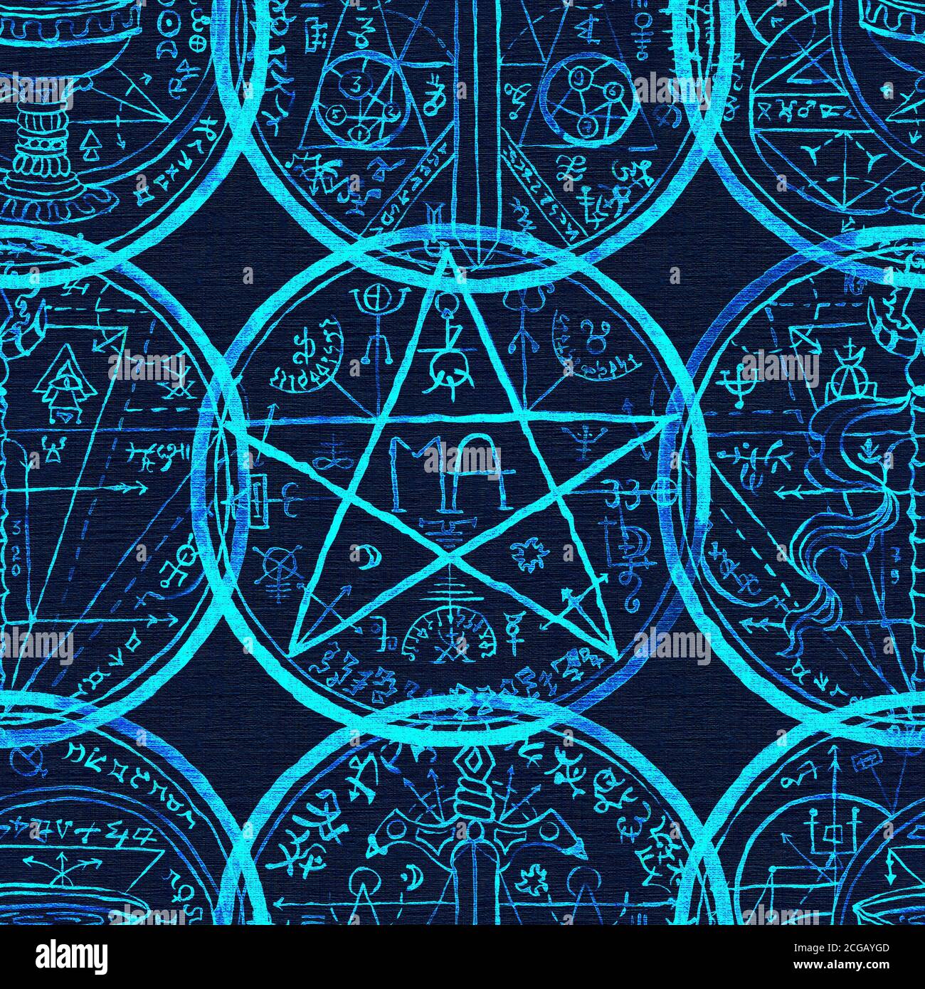 Seamless pattern with magic seal, fantasy symbols and pentagram on blue ...