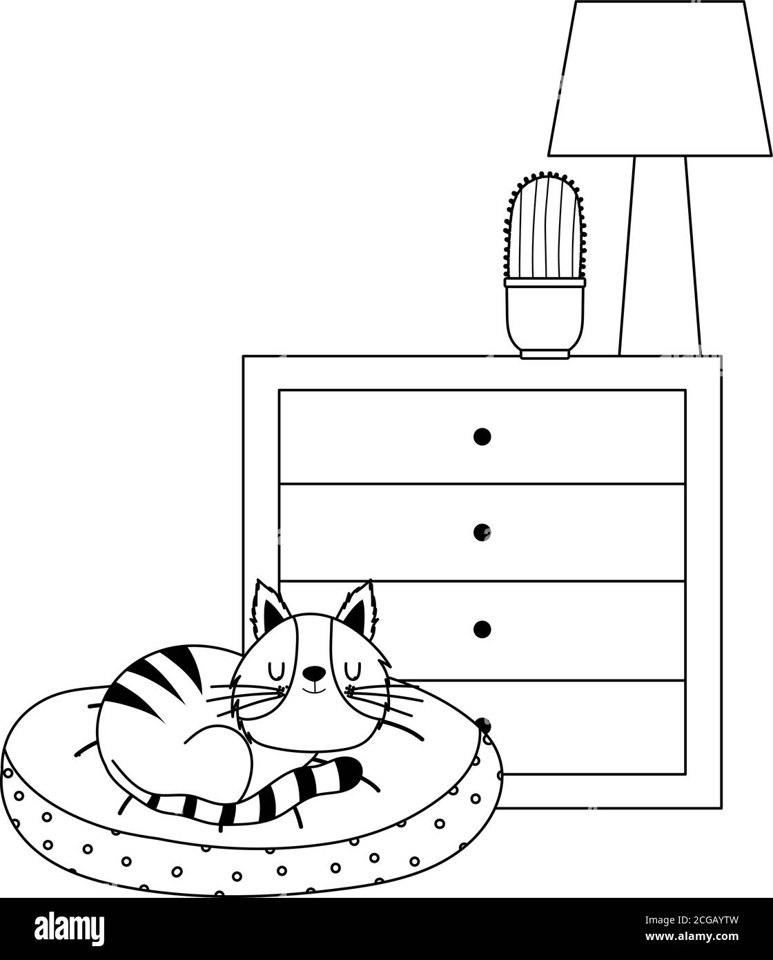 cat sleeping on cushion drawers with cactus and lamp isolated icon line ...