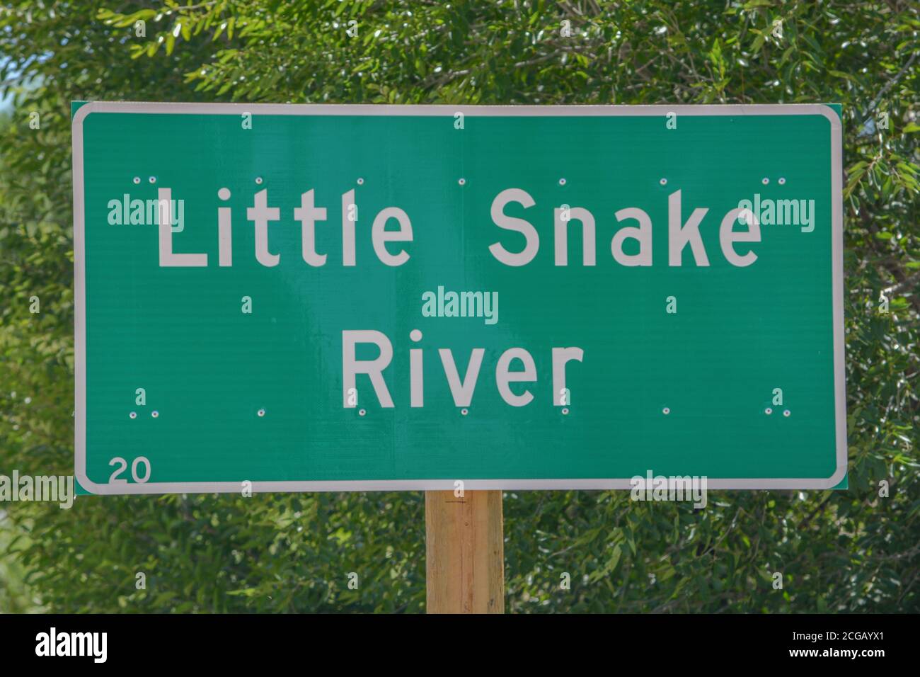 The sign for the Little Snake River in the Rocky Mountains of Wyoming ...