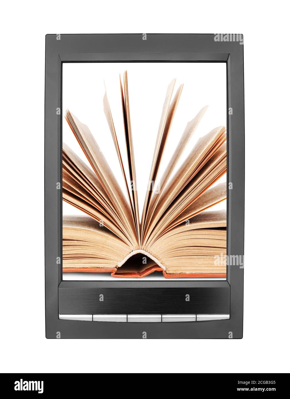 Open paper book flipping pages on electronic book display white ...