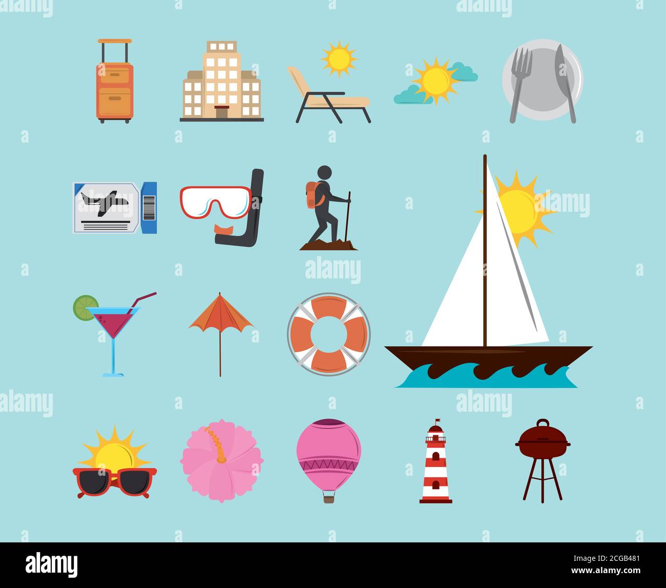 summer vacation travel, recreation adventure relaxing flat icons style ...