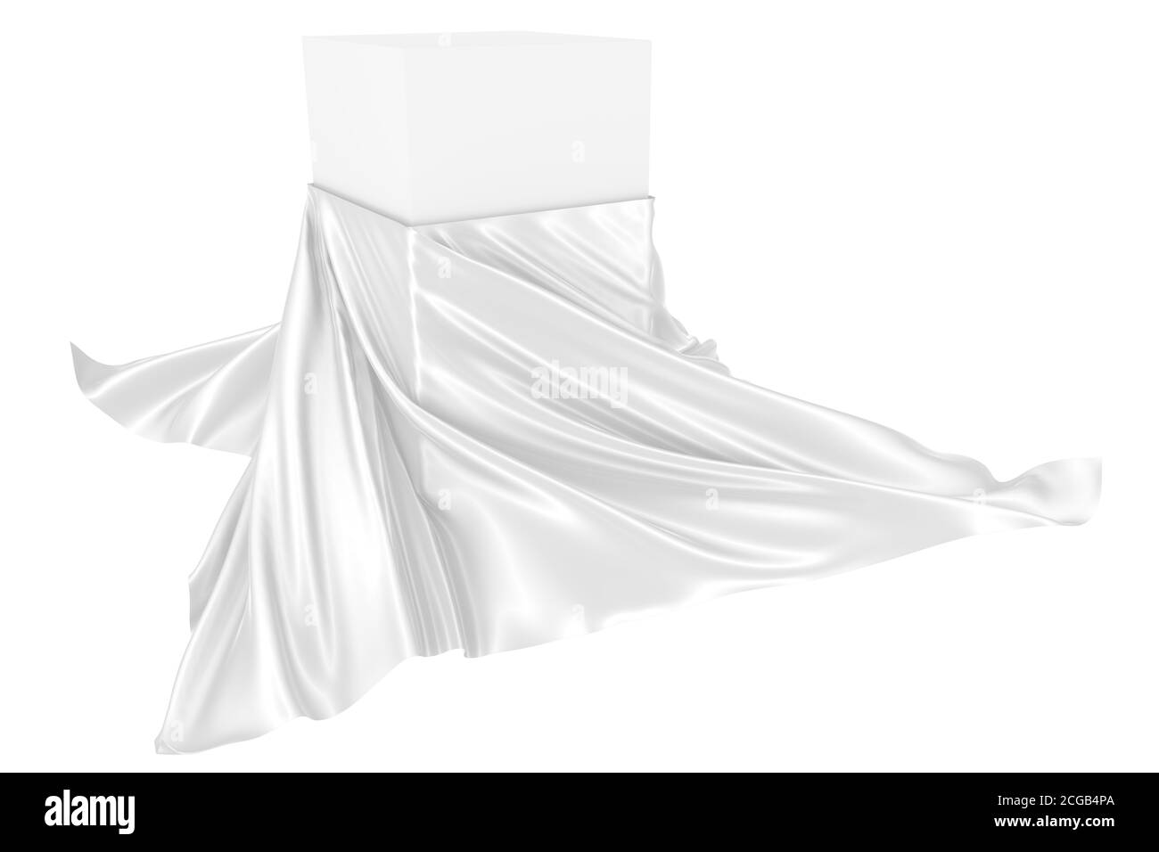 White square surface surrounded by white wavy fabric, silk or satin. 3d ...