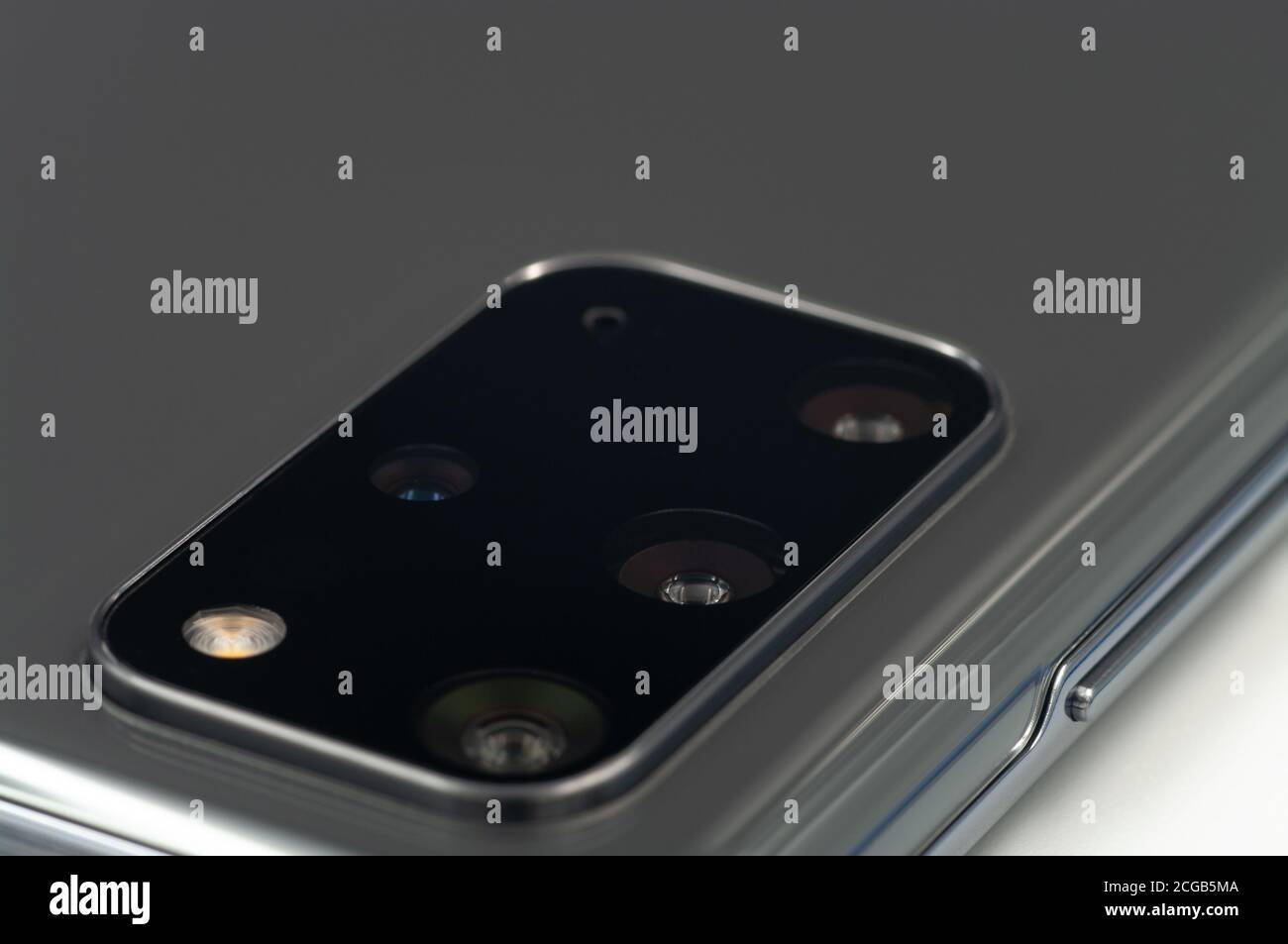 Gray modern smart phone multi camera lens and fingerprint scanner close ...