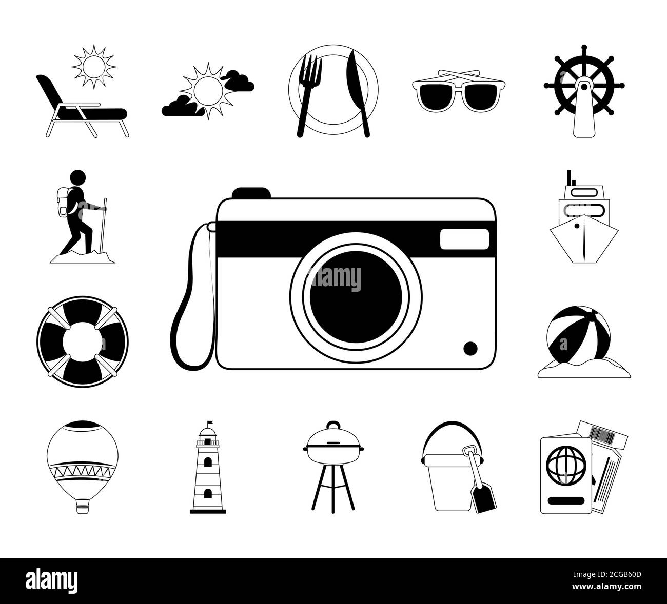 summer vacation travel, recreation adventure relaxing line icons style ...