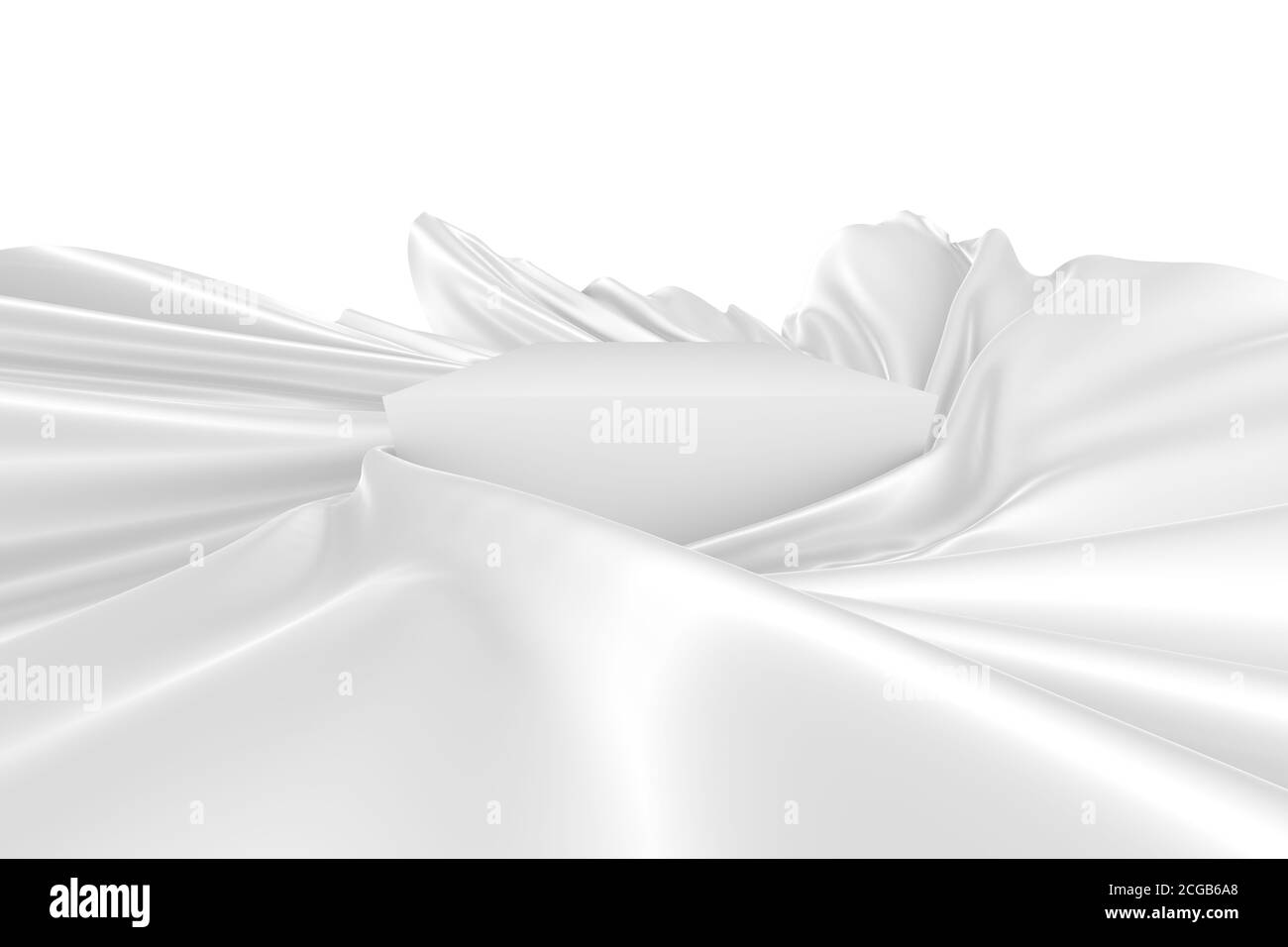 White square surface surrounded by white wavy fabric, silk or satin. 3d ...
