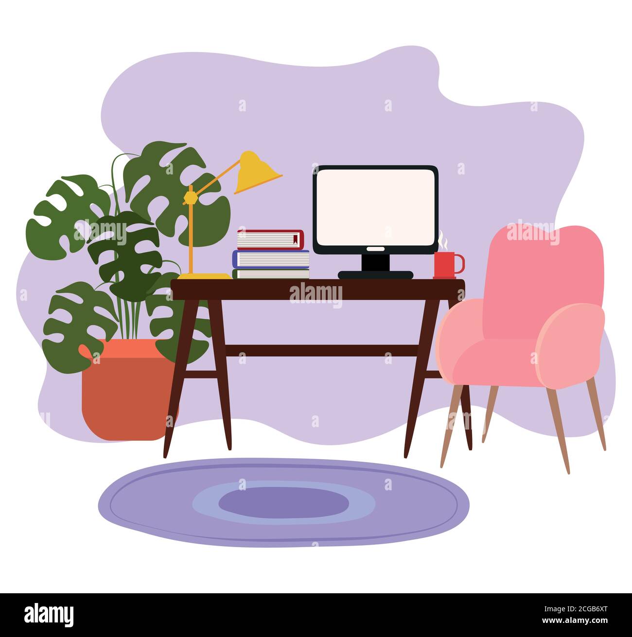 workspace computer books coffee cup and plant vector illustration Stock ...