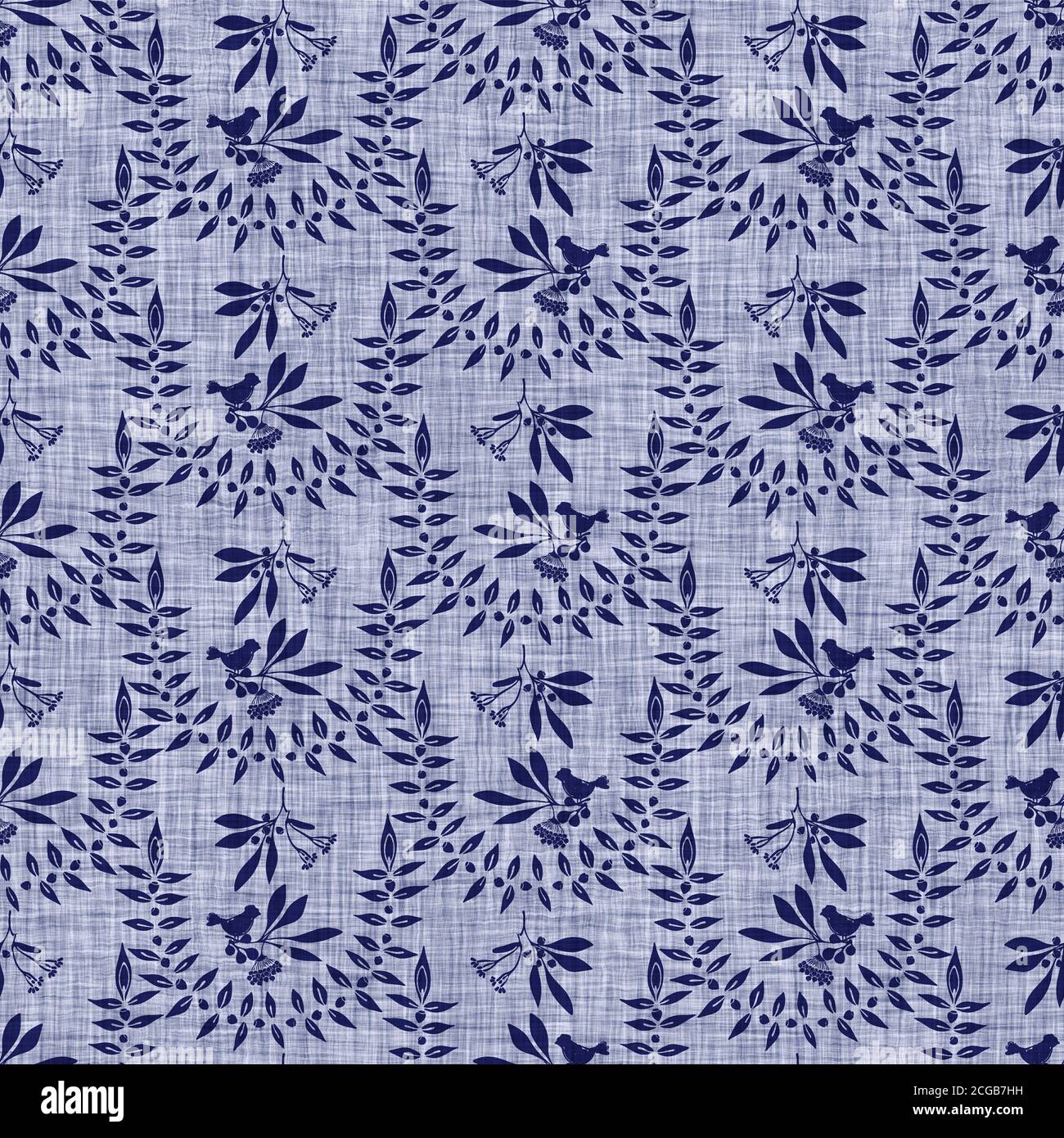 Indigo blue flower block print dyed linen texture background. Seamless ...