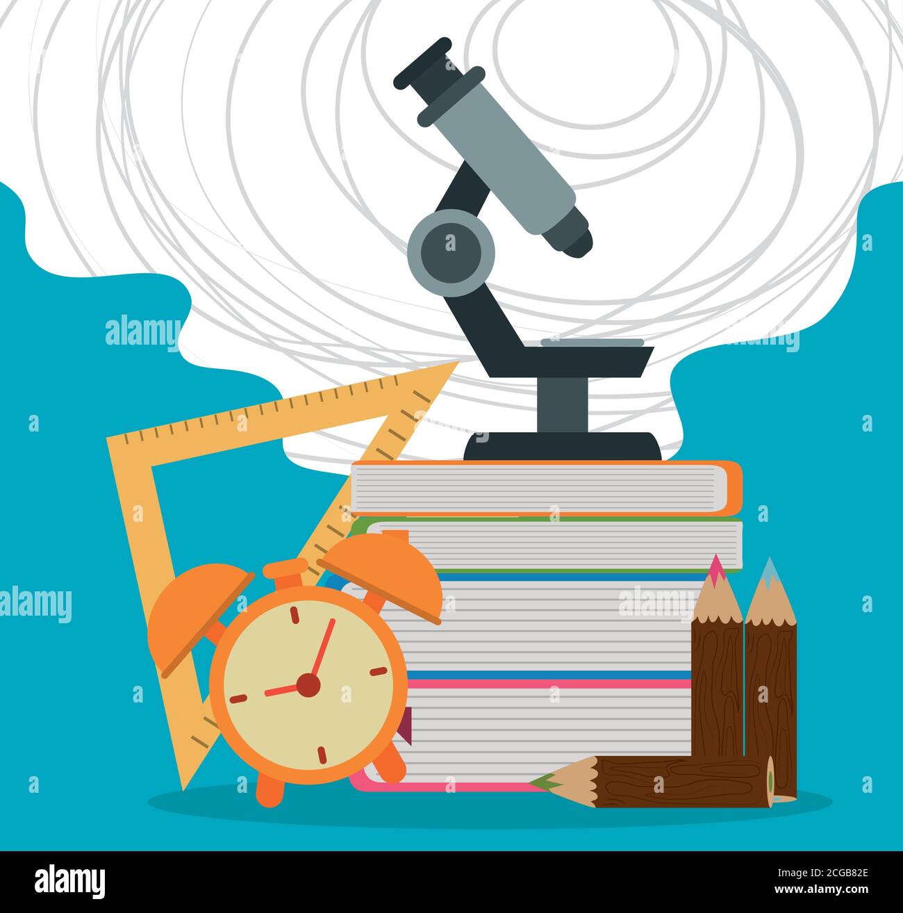 back to school, microscope clock ruler and pencils elementary education ...