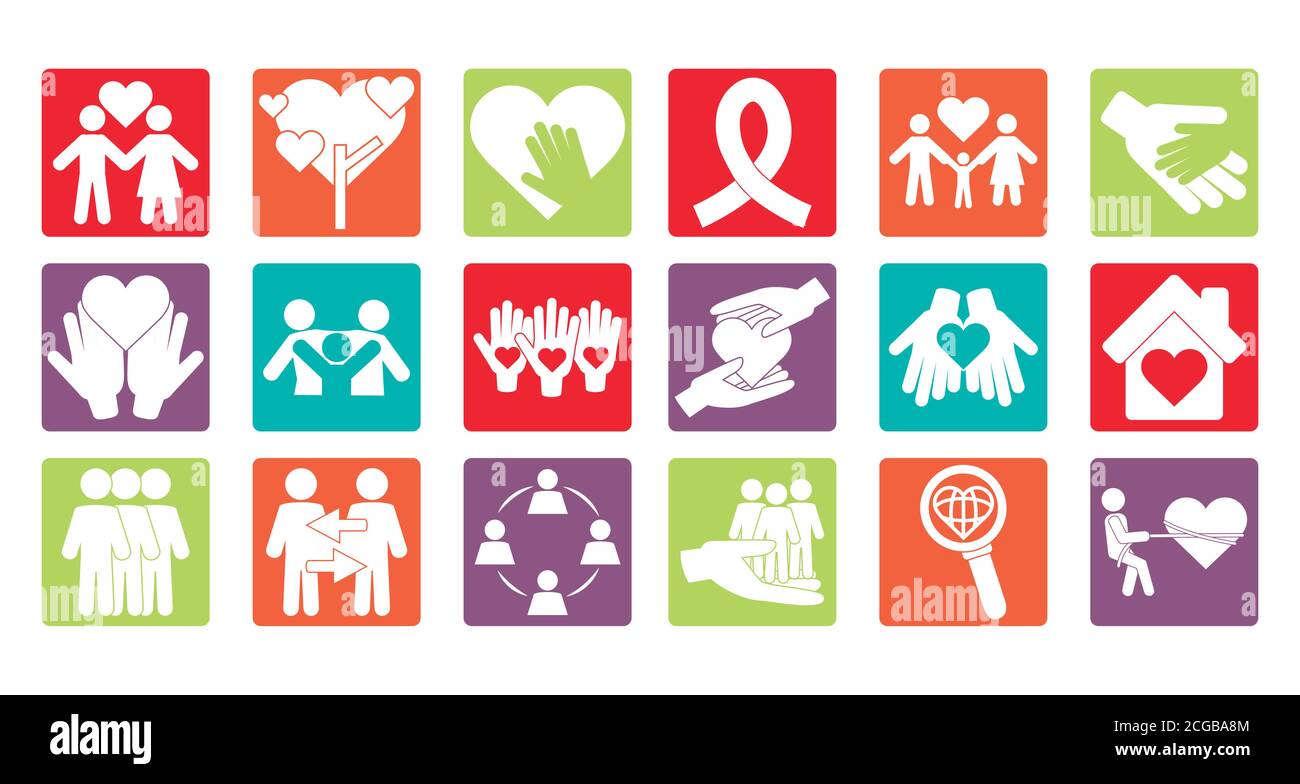 together, team relation friendly connection social color block icons ...