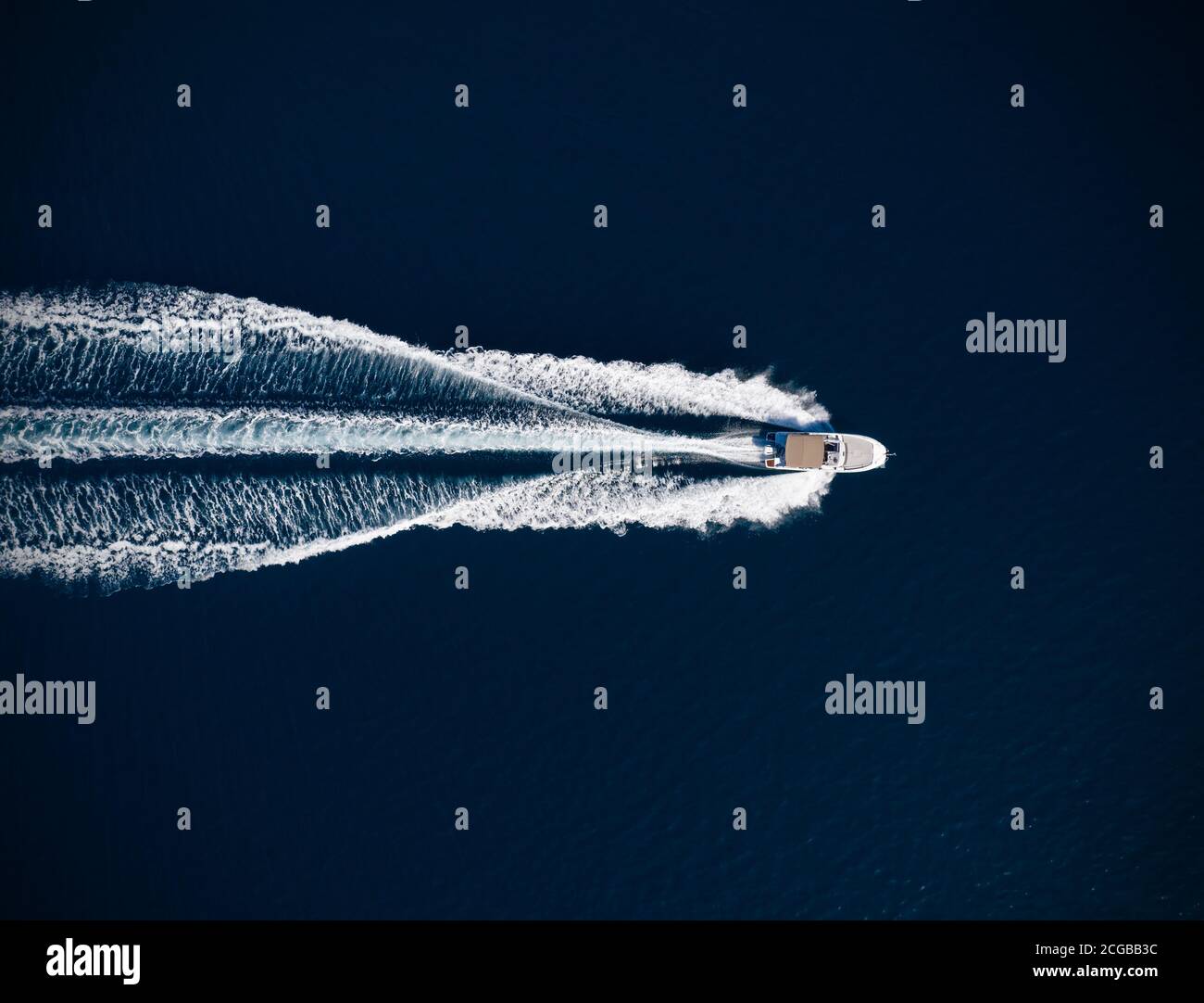 Aerial view of speed motor boat on open sea. Travel and leasure ...