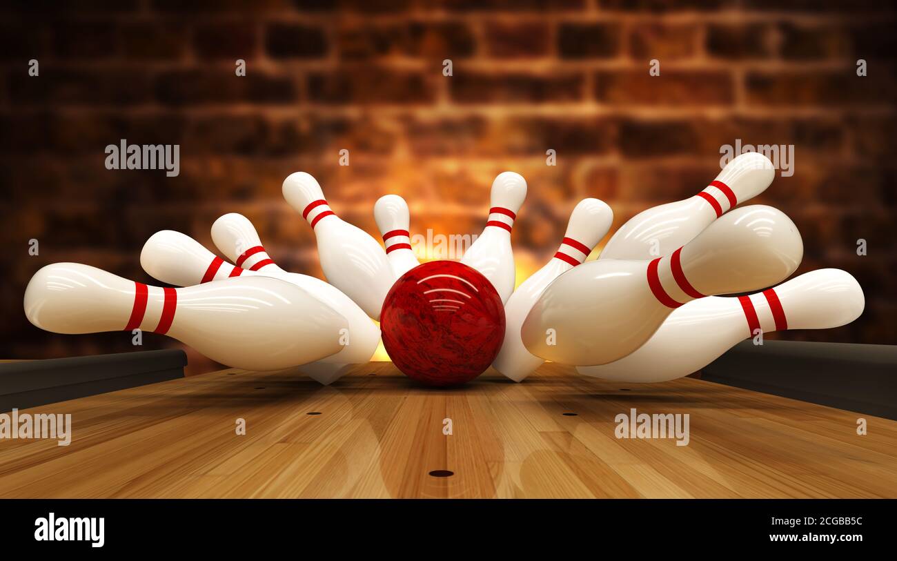 Bowling strike hit, concept of success and win. 3D rendered Stock Photo ...