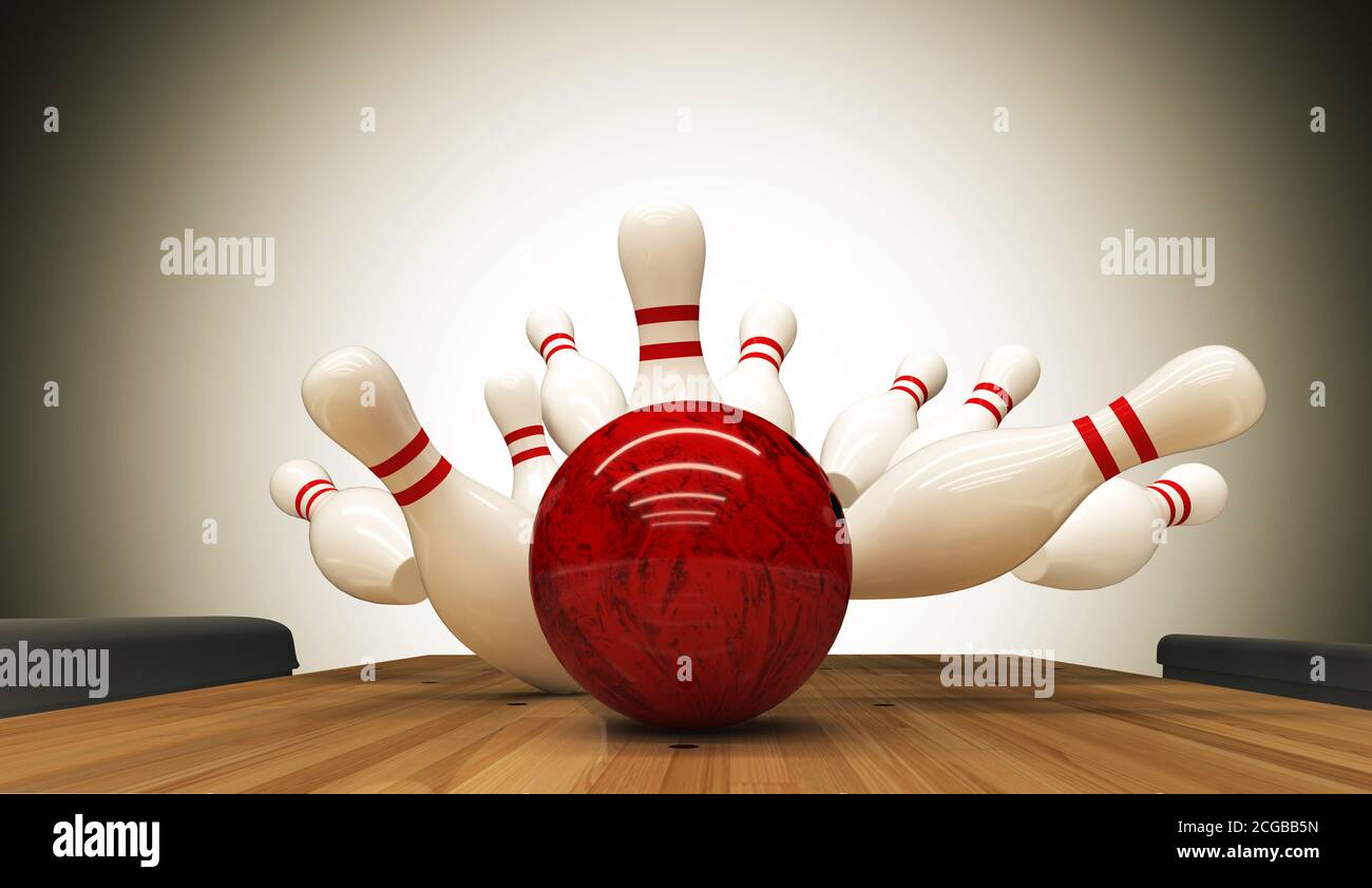 Bowling strike hit, concept of success and win. 3D rendered Stock Photo ...