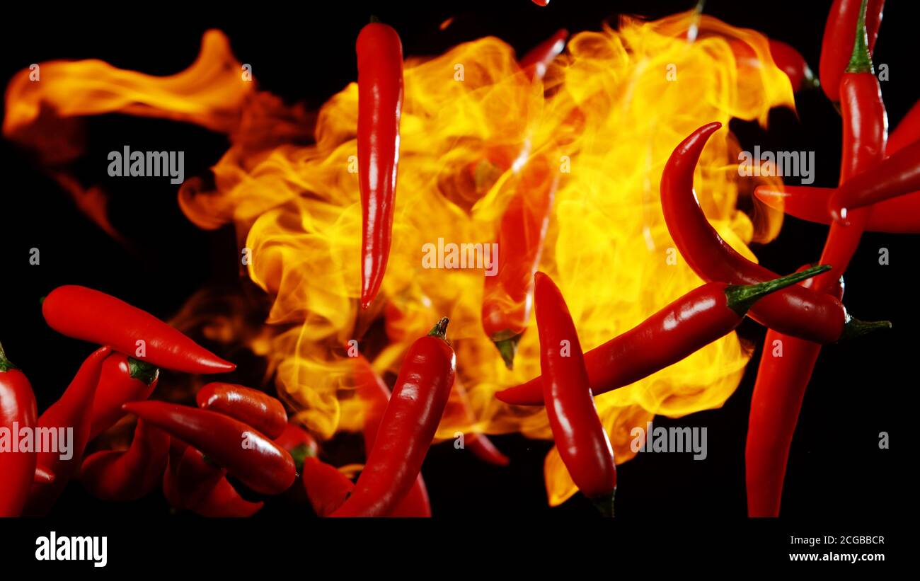 Flying red hot chilli peppers with flames, isolated on black background ...