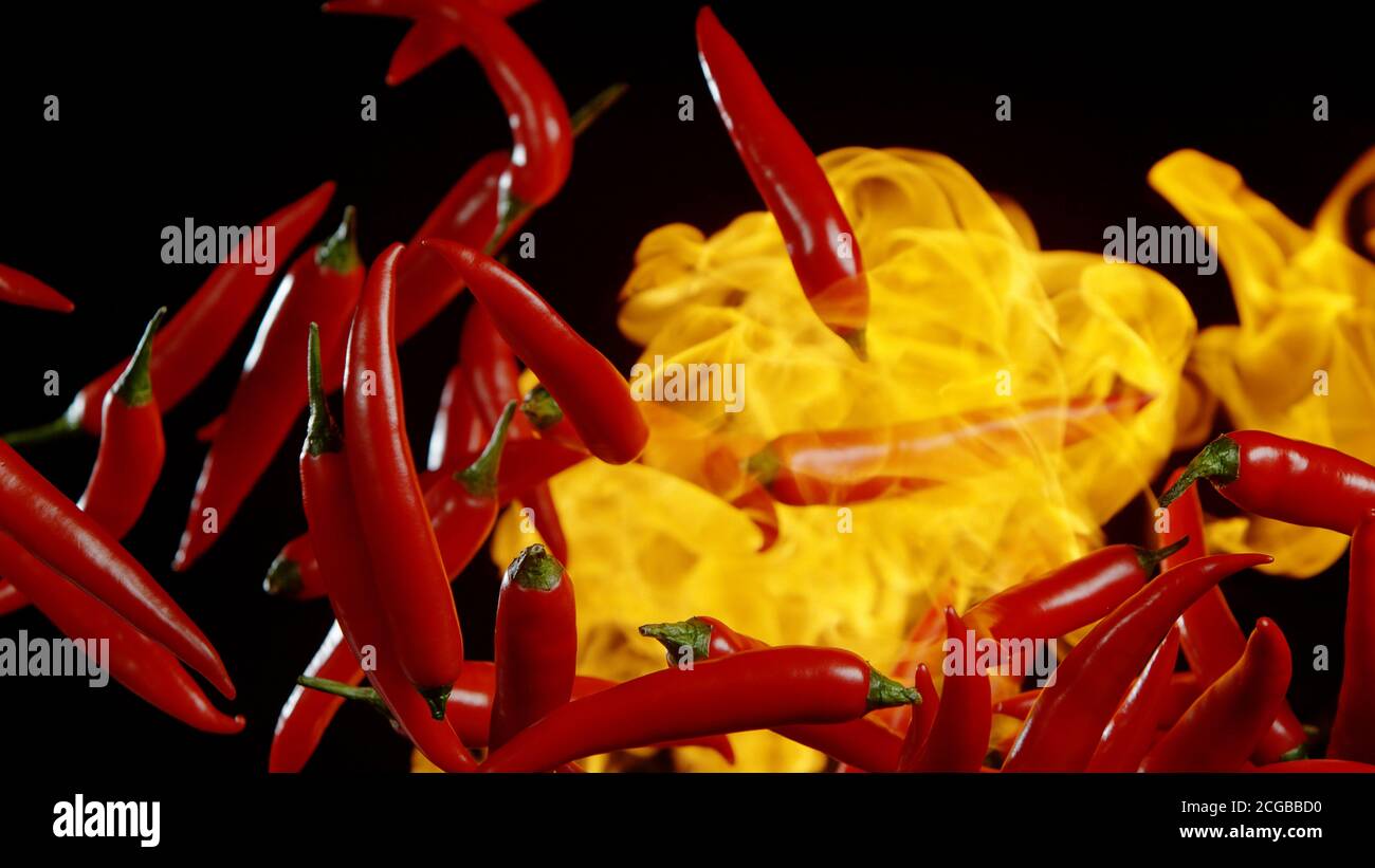 Flying red hot chilli peppers with flames, isolated on black background ...