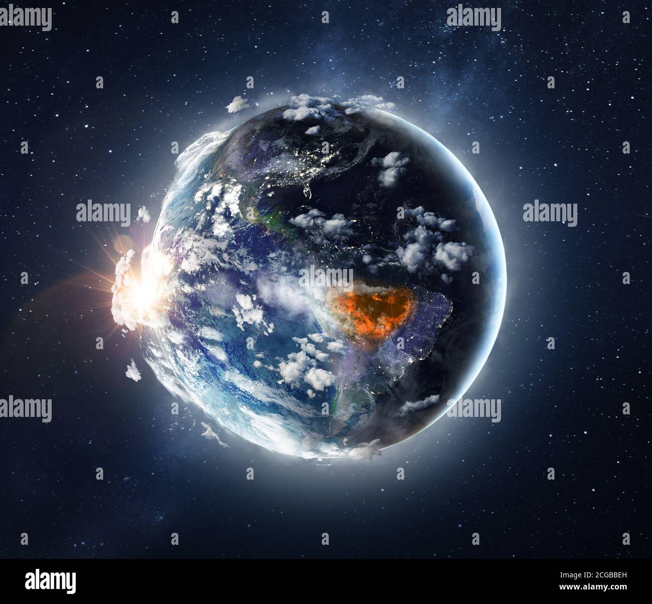 Amazon tropical forest in fire, conceptual photo manipulation of planet ...