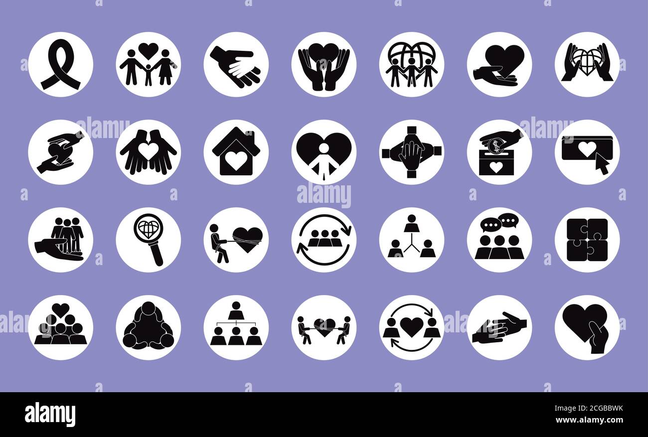together, community relation friendly unity social block icons set ...