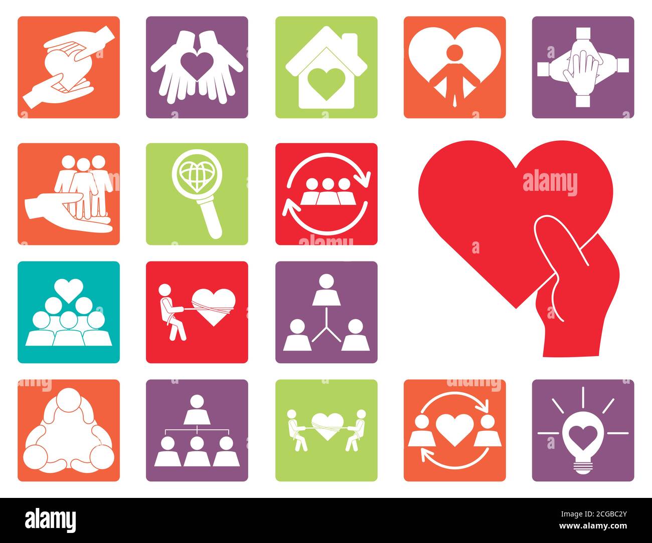 together, team relation friendly charity social color icons set vector ...