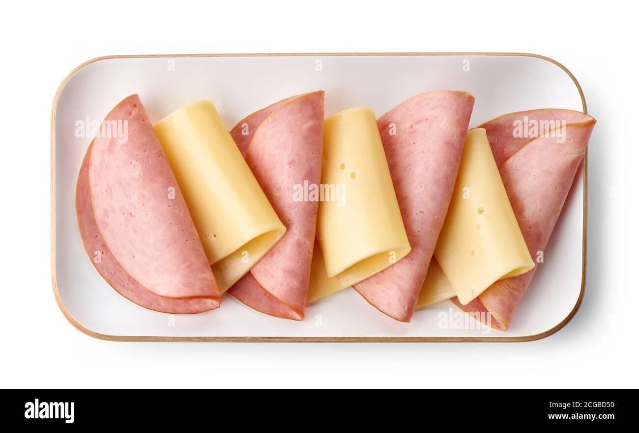 breakfast plate of cheese and ham sausage isolated on white background ...