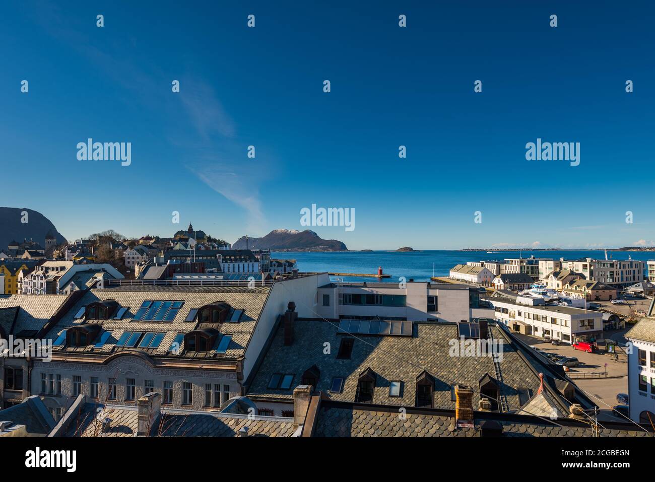 Scenic overview from high angle on the city of Ålesund in Norway on ...