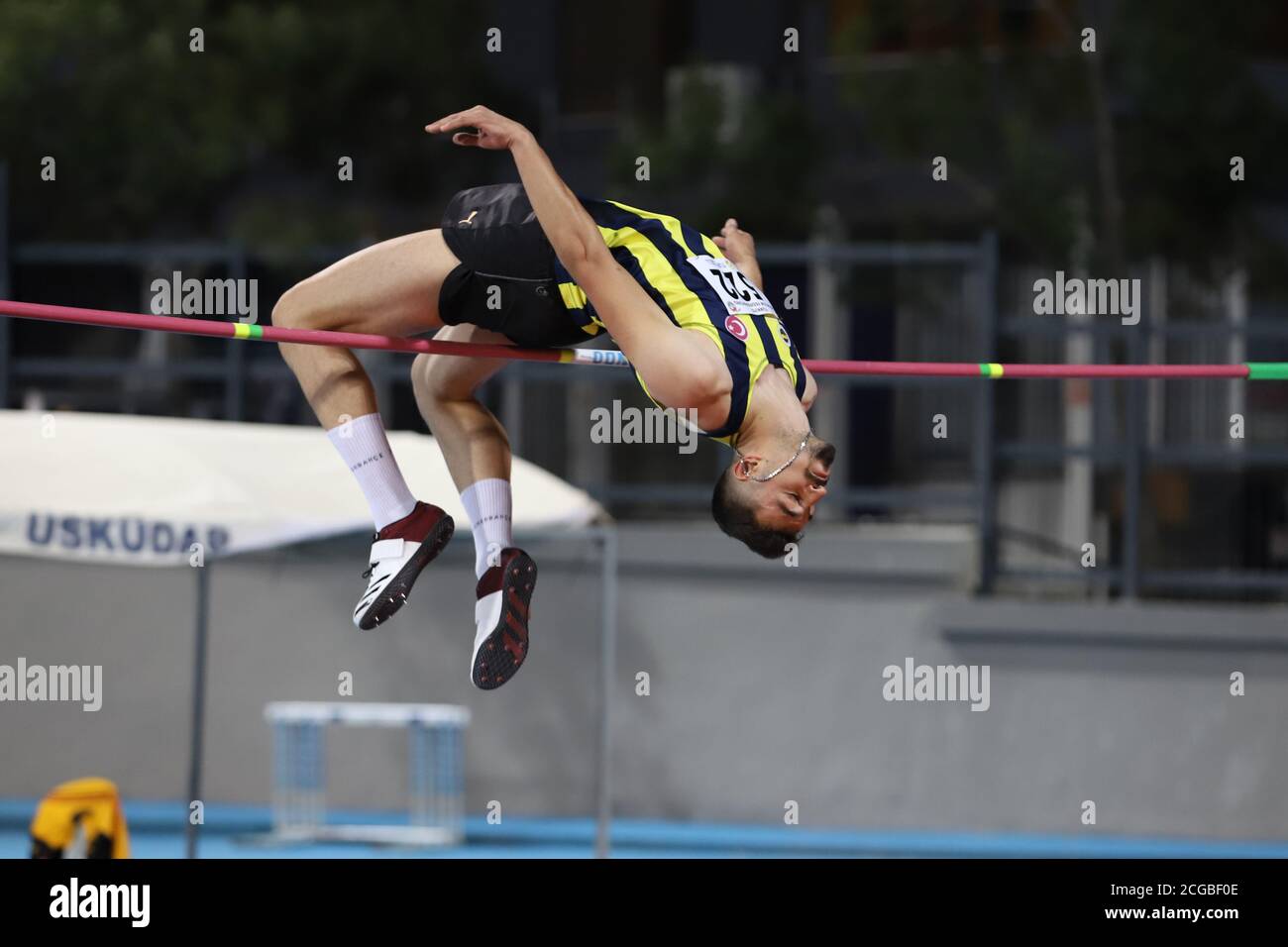 ISTANBUL, TURKEY - SEPTEMBER 04, 2020: Undefined athlete high jumping ...