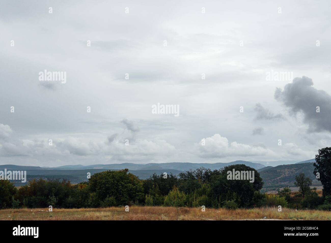 landscape of green mountain forest and sky with clouds before rain ...