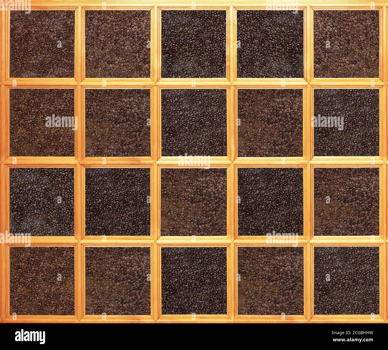 Shelf of different type coffee beans in wooden box Stock Photo - Alamy