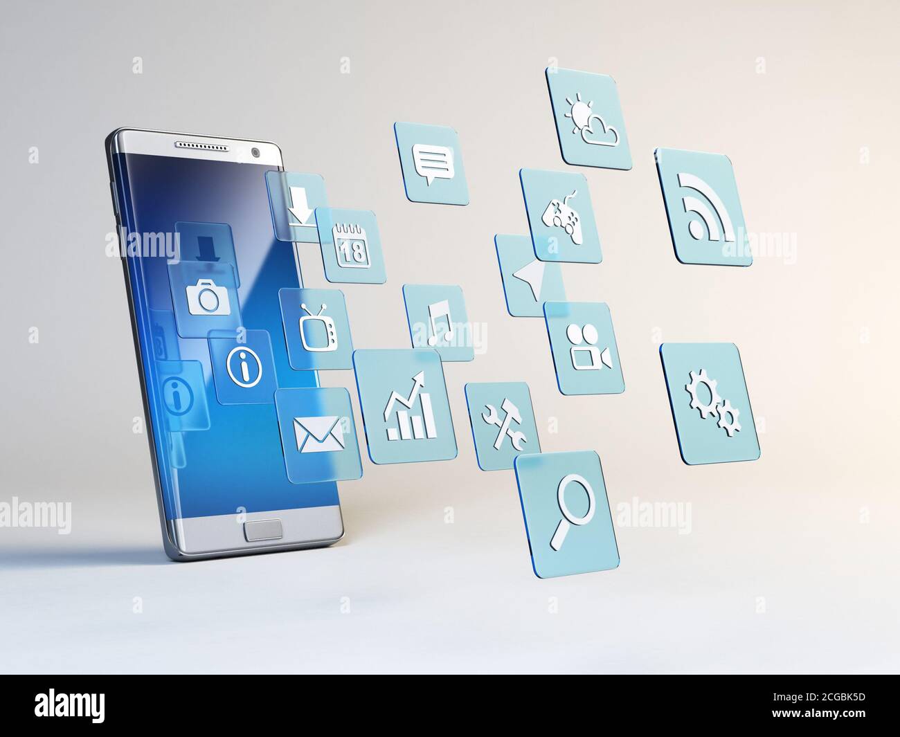 Mobile app concept, application icons around smart phone 3d rendering ...