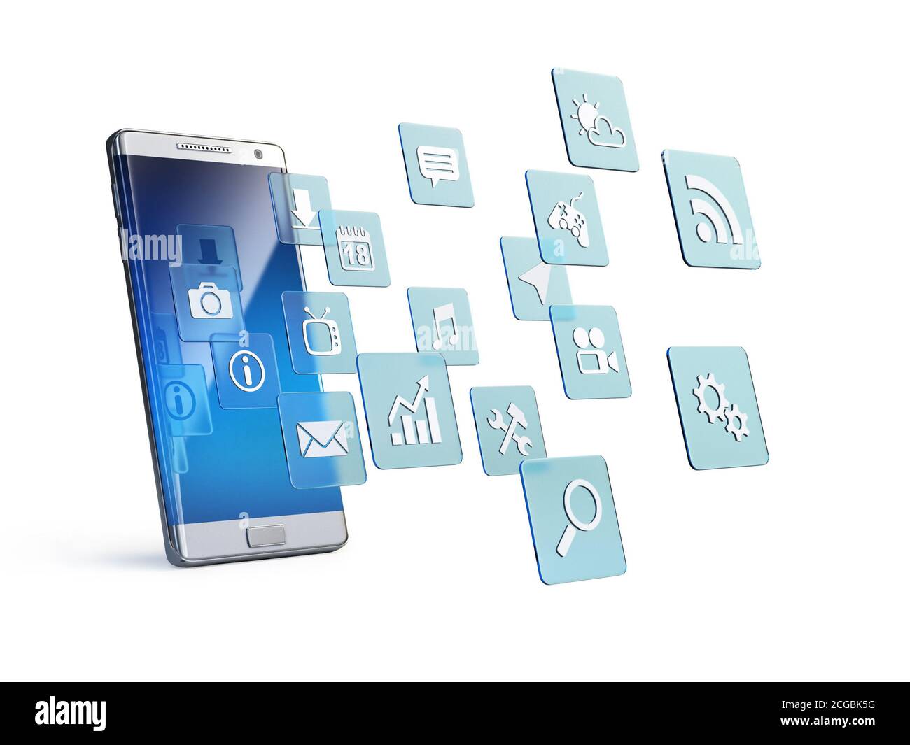 Mobile app concept, application icons around smart phone 3d rendering ...