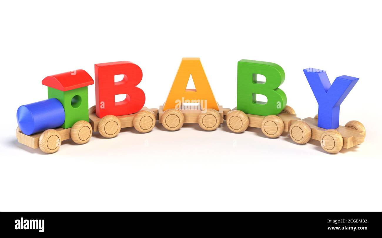 Wooden toy train with BABY letters as railroad cars 3d rendering Stock ...