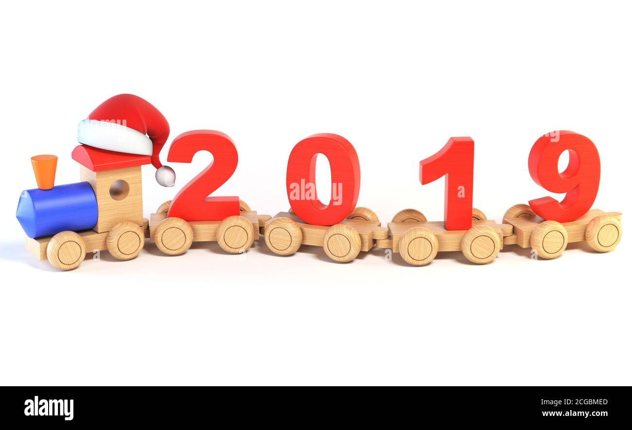 Christmas or New Year's wooden toy train, numbers 2019 as railroad cars ...