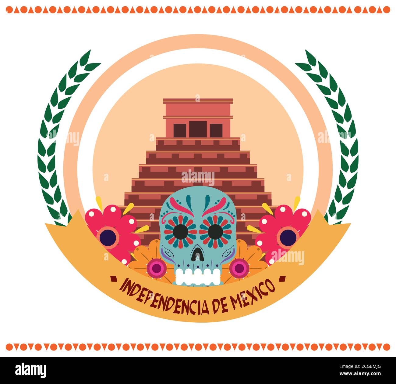 mexican independence day, ancient pyramid catrina and flowers emblem ...