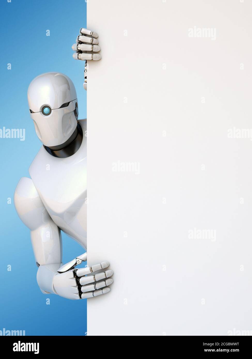 Robot standing beside blank advertising billboard 3d rendering Stock ...