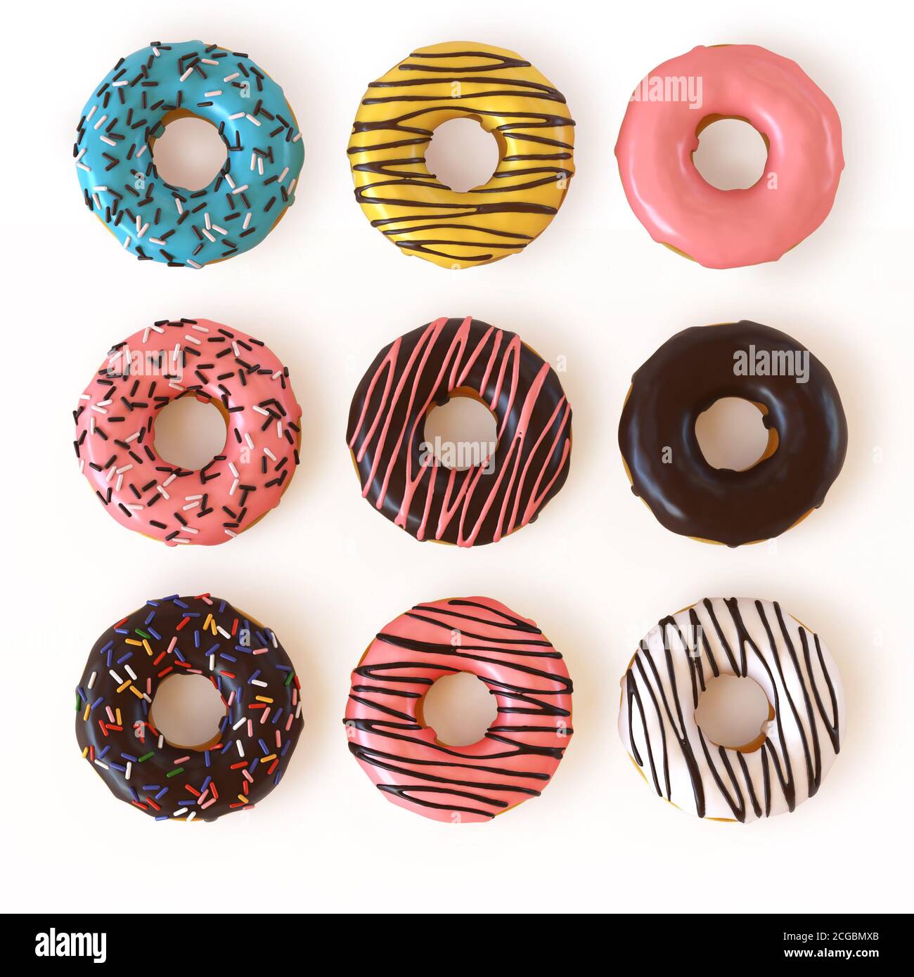 Glazed donuts or doughnuts set - various colors and tastes 3d rendering ...