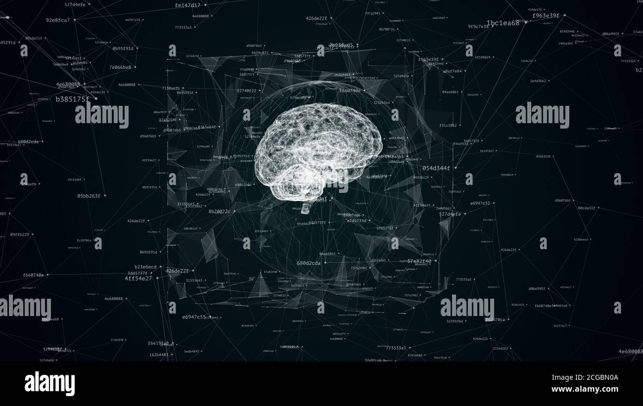 wireframe of human brain surrounded digital and geometrical noise Stock ...
