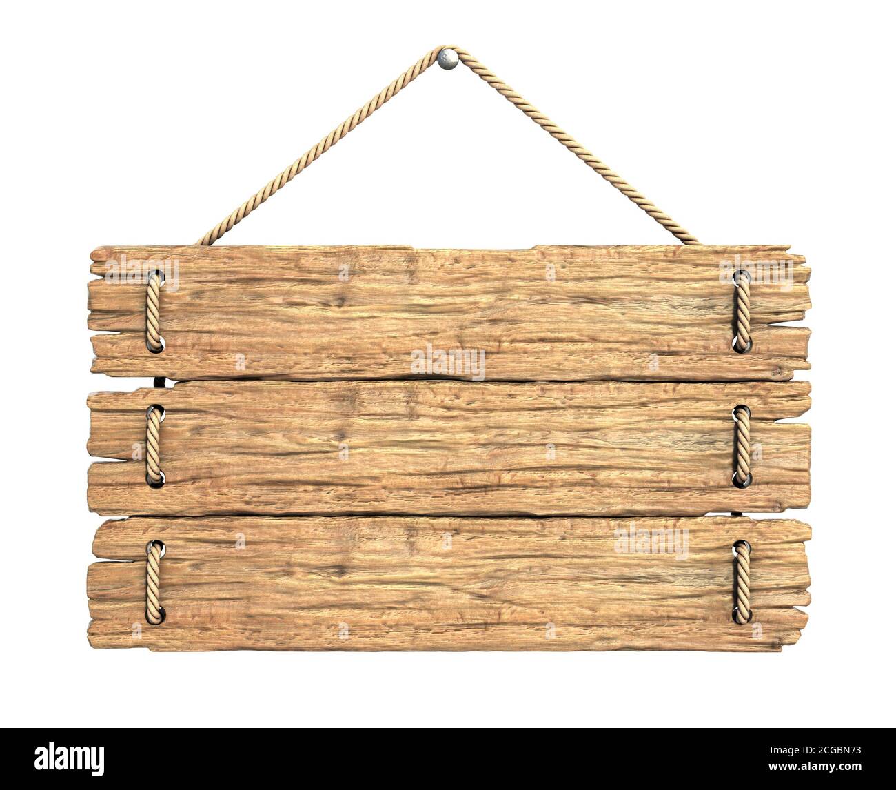 Wooden sign board hanging on rope isolated on white 3d rendering Stock ...