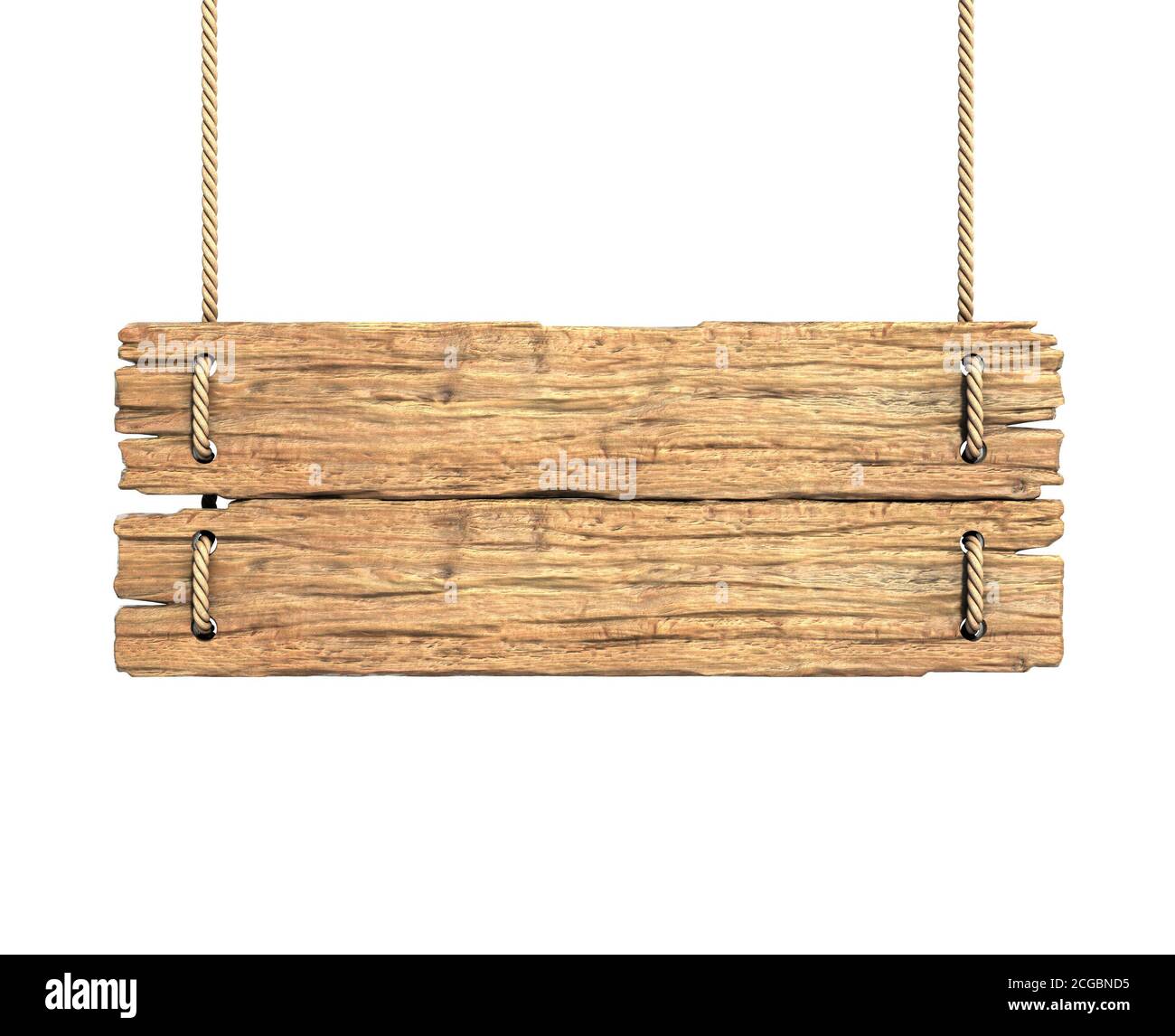 Wooden medieval sign board hanging on rope isolated on white 3d ...