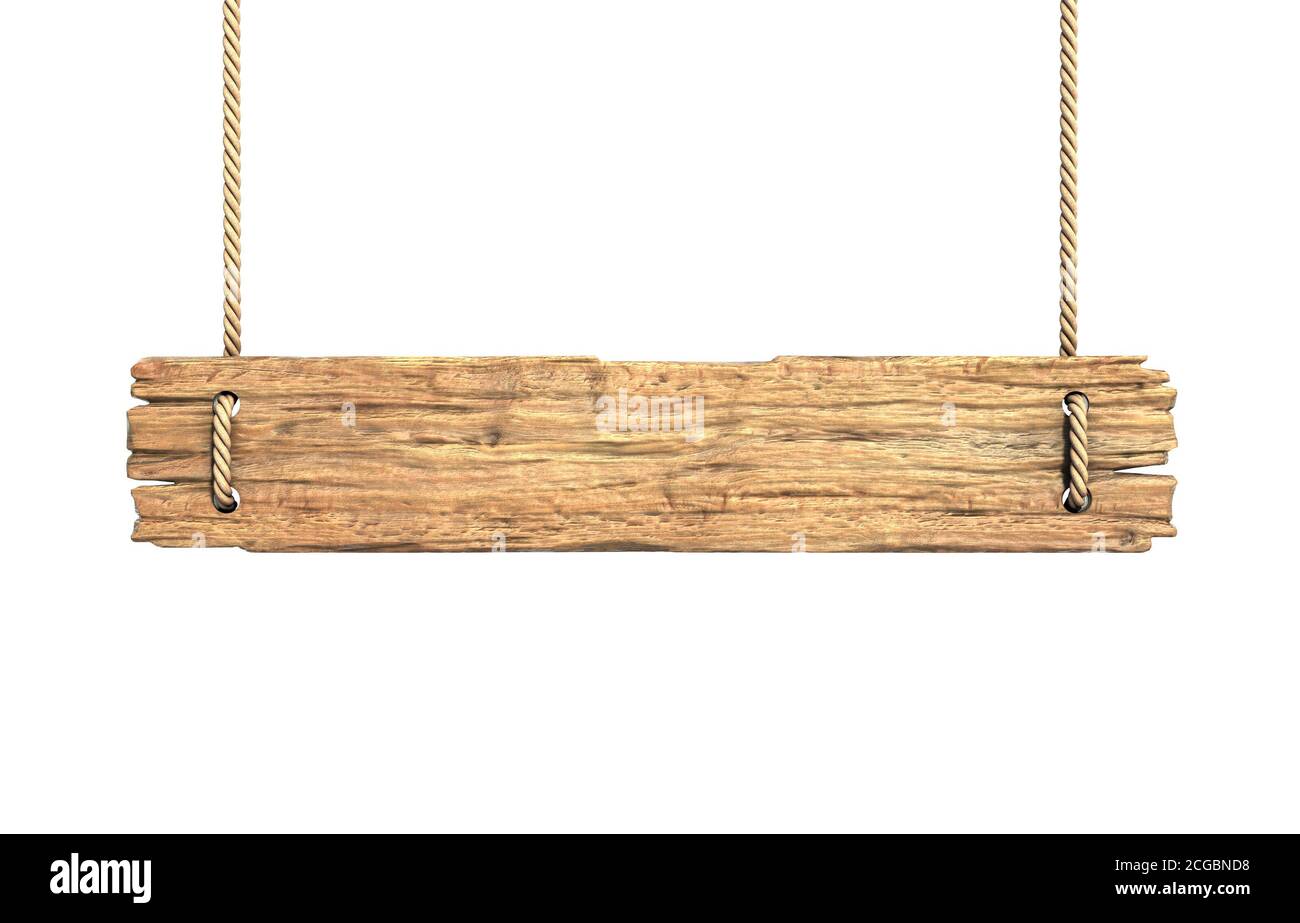 Wooden medieval sign board hanging on rope isolated on white 3d ...