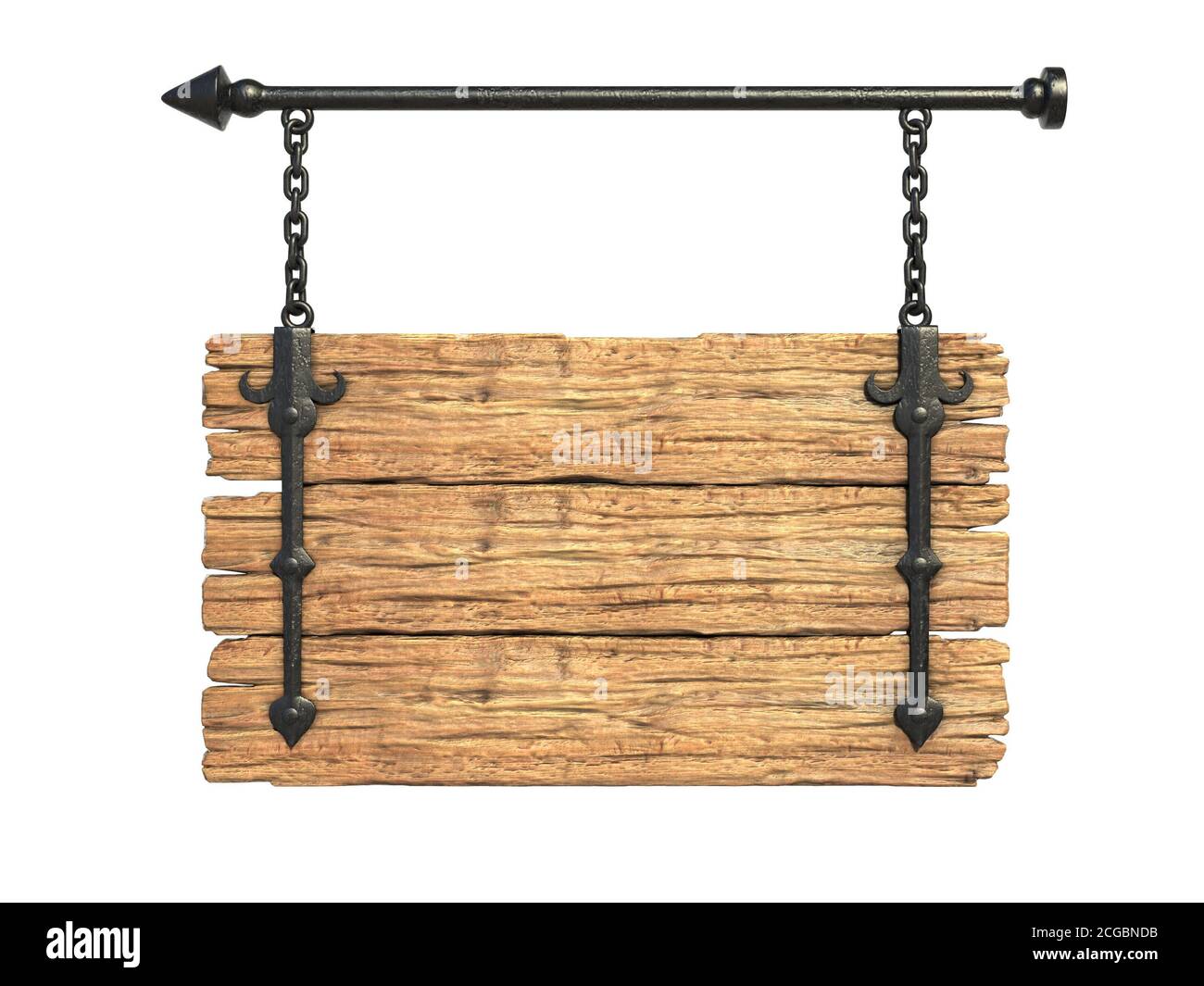 Wooden medieval sign board hanging on chain isolated on white 3d ...