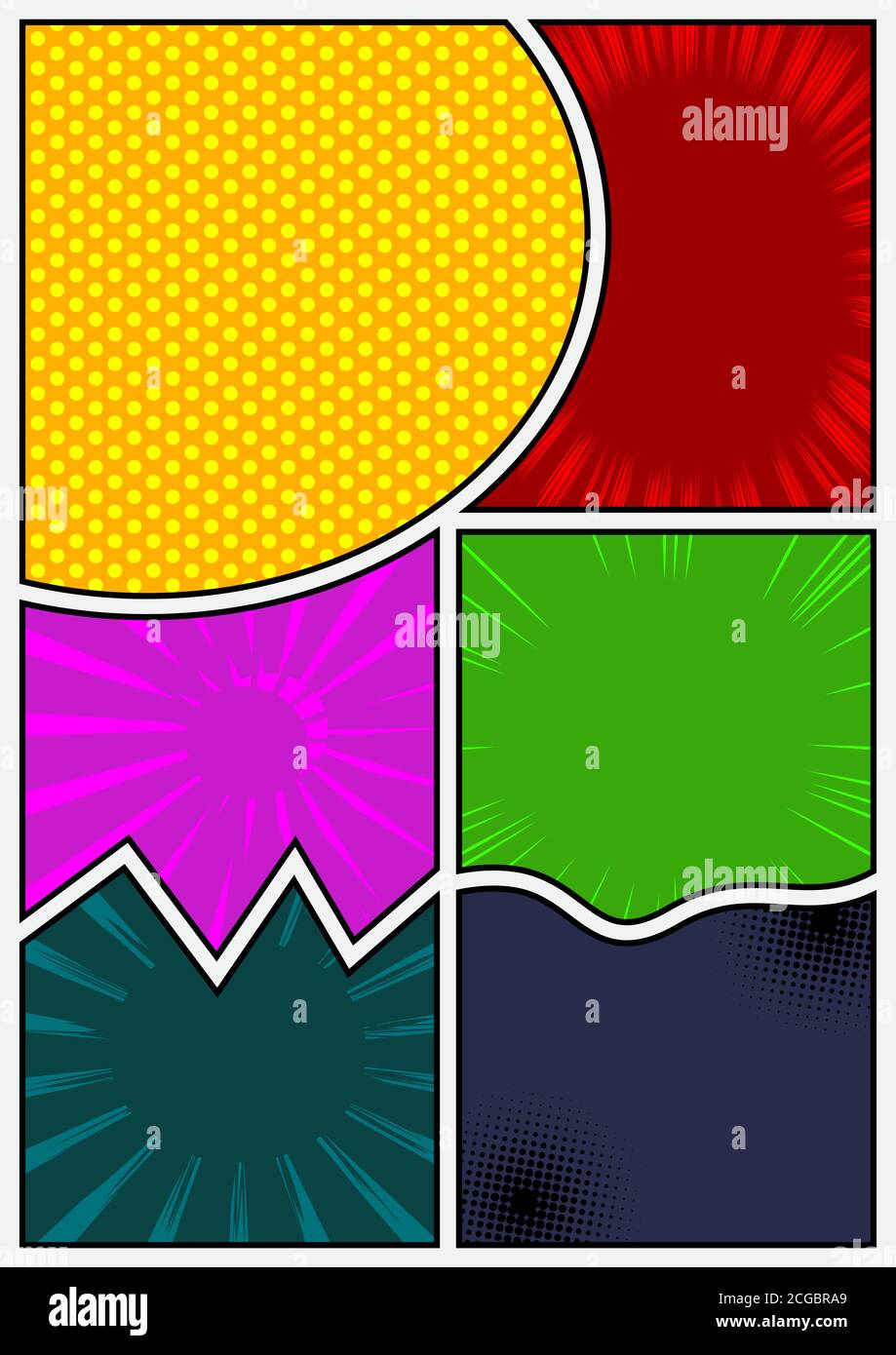 Colorful comic book page template. Cartoon design colored background ...