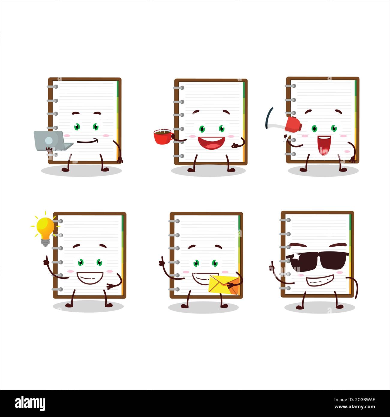 Diary notes cartoon character with various types of business emoticons ...