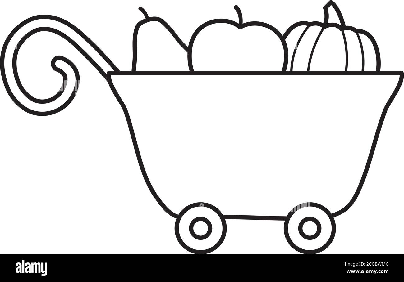 handcart with vegetables and fruits over white background, line style ...