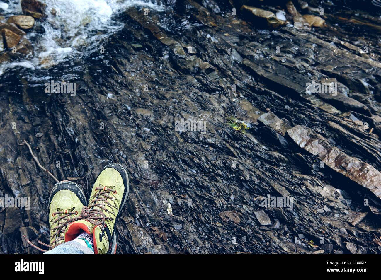 Hiking boots in outdoor action. Top View of Boot on the trail. Close-up ...