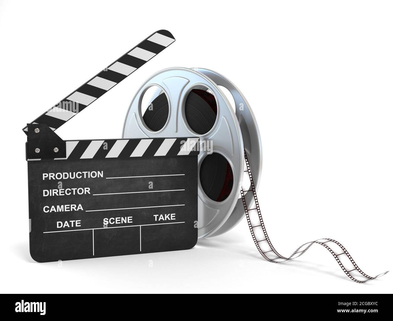 Movie clapper and film reel 3d illustration Stock Photo - Alamy
