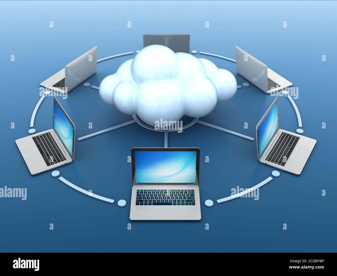 Laptop computers network connected to cloud 3d rendering Stock Photo ...